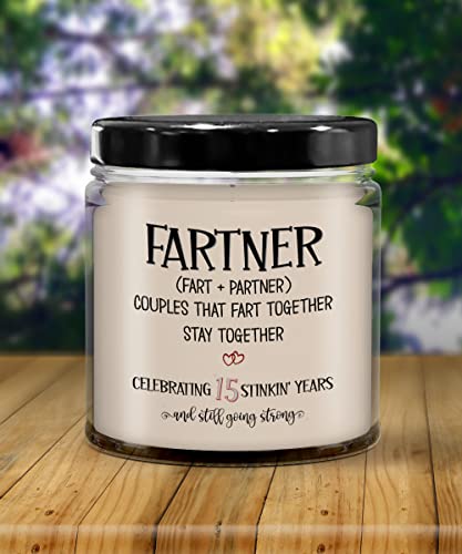 The Improper Mug Fartner 15 Years Anniversary Candle for Husband from Wife Couples Funny Fifteen Yr Together 15th Wedding Fart Jokes 9 Oz. Vanilla Scented Soy Wax for