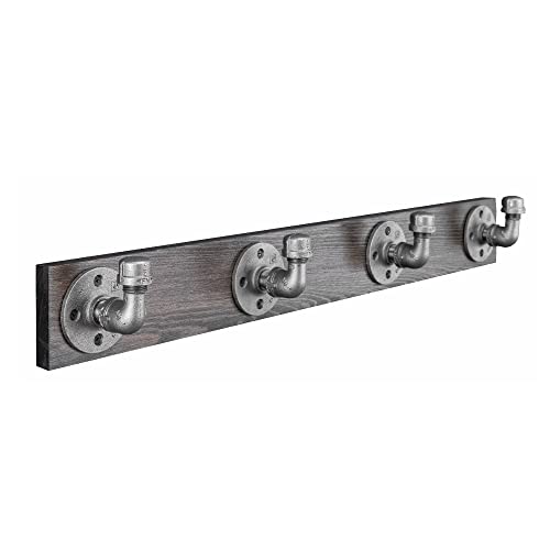 PIPE DECOR 30” Solid Wood Wall-Mounted Rack with 4 Hooks, Industrial Wall-Mounted Coat Rack, Boulder Black