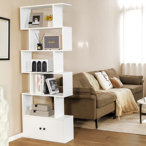 Tangkula S Shaped Bookshelf with Cabinet, 6-Tier Bookcase with Doors, Freestanding Geometric Bookshelves for Living Room, Anti-toppling Device, Home Office Décor Wooden Storage Display Shelf