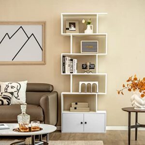 Tangkula S Shaped Bookshelf with Cabinet, 6-Tier Bookcase with Doors, Freestanding Geometric Bookshelves for Living Room, Anti-toppling Device, Home Office Décor Wooden Storage Display Shelf