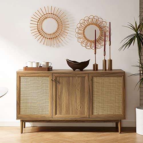 mopio Haylee Sideboard, Buffet Table, Kitchen Cabinet with Storage, Credenza, Buffets & Sideboards, Natural Rattan Accent Cabinet, Entertainment Center (Natural Oak)