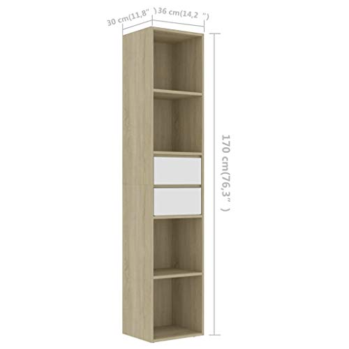 GOLINPEILO Wooden Book Cabinet with 4 Open Shelves and 2 Drawers, Modern Bookshelf for Living Room, White and Sonoma Oak 14.2"x11.8"x67.3" Engineered Wood