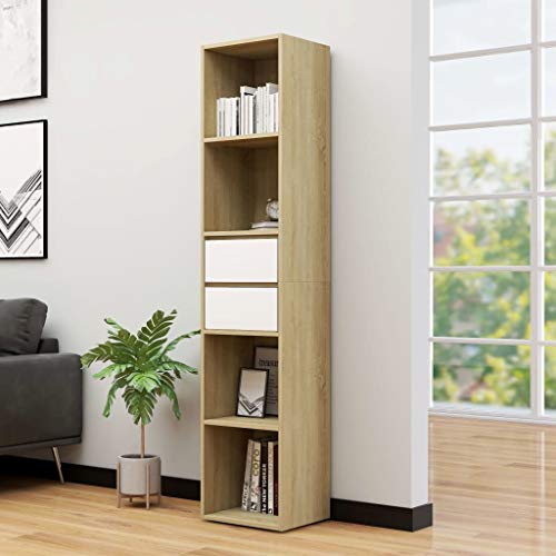 GOLINPEILO Wooden Book Cabinet with 4 Open Shelves and 2 Drawers, Modern Bookshelf for Living Room, White and Sonoma Oak 14.2"x11.8"x67.3" Engineered Wood