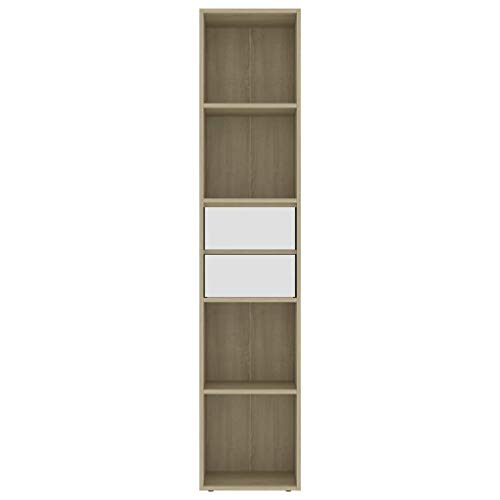 GOLINPEILO Wooden Book Cabinet with 4 Open Shelves and 2 Drawers, Modern Bookshelf for Living Room, White and Sonoma Oak 14.2"x11.8"x67.3" Engineered Wood