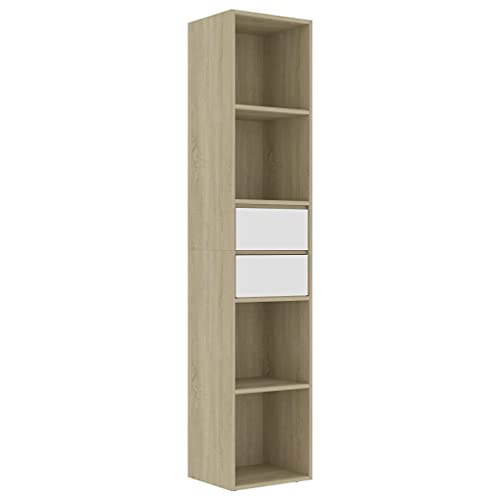 GOLINPEILO Wooden Book Cabinet with 4 Open Shelves and 2 Drawers, Modern Bookshelf for Living Room, White and Sonoma Oak 14.2"x11.8"x67.3" Engineered Wood