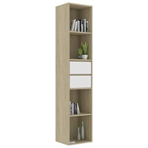 GOLINPEILO Wooden Book Cabinet with 4 Open Shelves and 2 Drawers, Modern Bookshelf for Living Room, White and Sonoma Oak 14.2"x11.8"x67.3" Engineered Wood