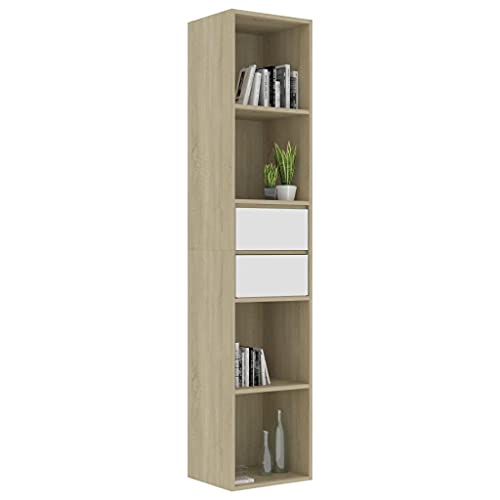 GOLINPEILO Wooden Book Cabinet with 4 Open Shelves and 2 Drawers, Modern Bookshelf for Living Room, White and Sonoma Oak 14.2"x11.8"x67.3" Engineered Wood