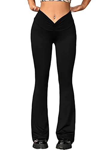 Womens Low Rise Flare Leggings V Crossover Bootcut Pants Petite Casual Y2K Workout 32 Inch Black Medium