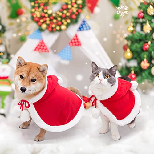 Pet Christmas Costume Cat Dog Poncho Cape with Hat Santa Claus Cloak for Cats and Small Dogs Red Winter Outwear Funny Christmas Pet Dress Up Soft and Thick Red Velvet Apparel for Cats (Medium)