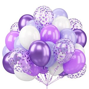 purple and white balloons, 50pcs 12 inch purple balloons metallic purple balloons confetti purple white balloons for purple decorations, birthday shower princess theme party decorations