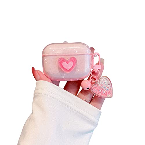 Ownest Compatible for AirPods Case, Cute 3D Heart Clear TPU Shockproof Cover Case Glitter with Bell Keychain for Women Girls for Airpods Pro-Pink