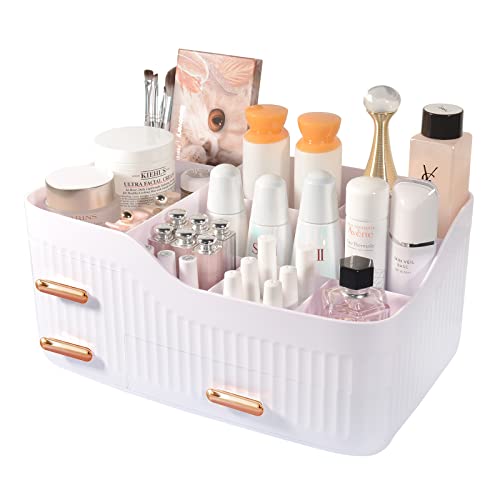 CGBE Makeup Organizer for Vanity, Large Cosmetic Organizer Countertop, Makeup Organizer with Drawers for Vanity, Lipstick, Brushes, Lotions and Jewelry Bathroom Counter or Dresser for Cosmetics-White