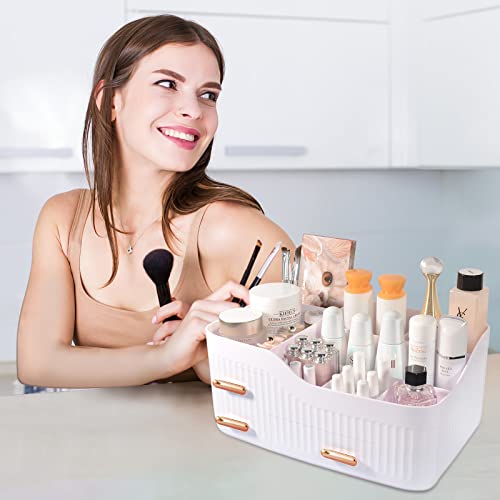 CGBE Makeup Organizer for Vanity, Large Cosmetic Organizer Countertop, Makeup Organizer with Drawers for Vanity, Lipstick, Brushes, Lotions and Jewelry Bathroom Counter or Dresser for Cosmetics-White