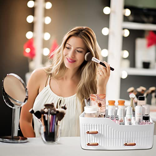 CGBE Makeup Organizer for Vanity, Large Cosmetic Organizer Countertop, Makeup Organizer with Drawers for Vanity, Lipstick, Brushes, Lotions and Jewelry Bathroom Counter or Dresser for Cosmetics-White