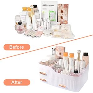 CGBE Makeup Organizer for Vanity, Large Cosmetic Organizer Countertop, Makeup Organizer with Drawers for Vanity, Lipstick, Brushes, Lotions and Jewelry Bathroom Counter or Dresser for Cosmetics-White