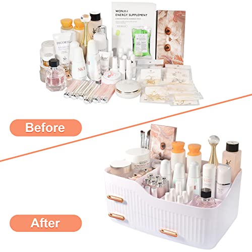 CGBE Makeup Organizer for Vanity, Large Cosmetic Organizer Countertop, Makeup Organizer with Drawers for Vanity, Lipstick, Brushes, Lotions and Jewelry Bathroom Counter or Dresser for Cosmetics-White