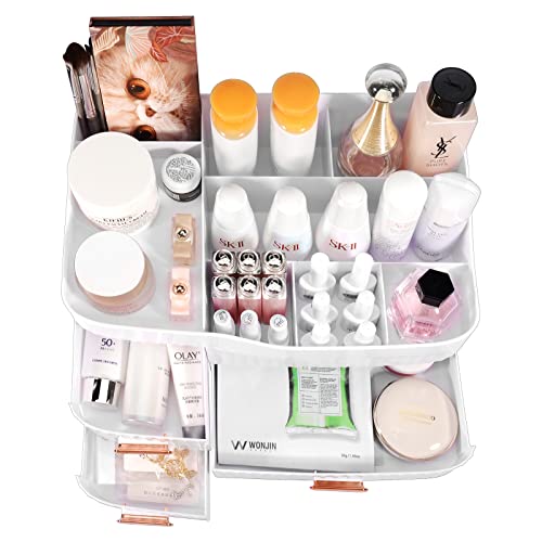 CGBE Makeup Organizer for Vanity, Large Cosmetic Organizer Countertop, Makeup Organizer with Drawers for Vanity, Lipstick, Brushes, Lotions and Jewelry Bathroom Counter or Dresser for Cosmetics-White