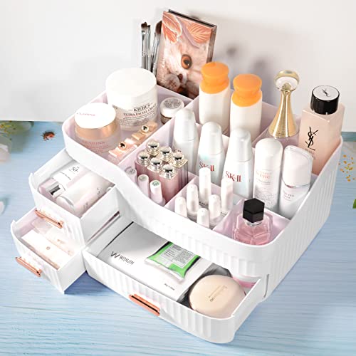 CGBE Makeup Organizer for Vanity, Large Cosmetic Organizer Countertop, Makeup Organizer with Drawers for Vanity, Lipstick, Brushes, Lotions and Jewelry Bathroom Counter or Dresser for Cosmetics-White