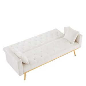 DaiNNCN Velvet 3 Seater Sofa Bed Couch,Futon Sleeper Sofa with 2 Pillows,Button Tufted and Gold Metal Legs-White