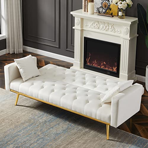 DaiNNCN Velvet 3 Seater Sofa Bed Couch,Futon Sleeper Sofa with 2 Pillows,Button Tufted and Gold Metal Legs-White