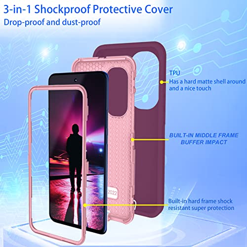 Qinmay for Motorola Moto Edge 2022 Case with HD Screen Protector (2 Packs),Motorola Edge 2022 Case 3 in 1 Heavy Duty Phone Case for Motorola Moto Edge 2022 Phone (WineRed Pink)