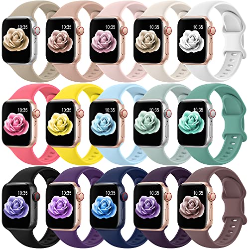 TreasureMax 15 Pack Bands Compatible with Apple Watch Band 41mm 40mm 38mm 45mm 44mm 42mm, Sport Waterproof Wristbands Soft Silicone Strap for iWatch Series 8 7 6 5 4 3 2 1 SE Men Women 38/40/41mm