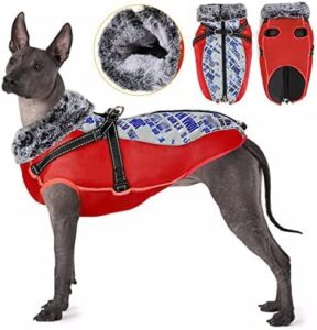 tresbro dog winter coat, large warm dog jacket for cold weather,reflective dog clothes with furry collar detachable harness two way zipper on back, dog apperal for medium large dog boy girl