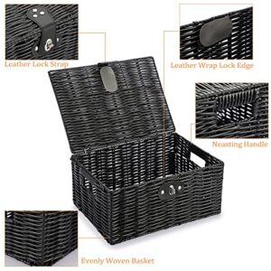 Hipiwe Decorative Storage Boxes with Lids & Lock Black Woven Basket Bin Built-in Carry Handles Plastic Shelf Basket Lidded Multifunctional Household Organizer Box for Clothes Toy Book Snack