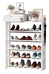 burenmto 5-tier wooden storage organizer, 29.5" wide vertical shoe rack for closet large entryway shoe rack 15 pairs corner tall organizer shoe shelf with drawer