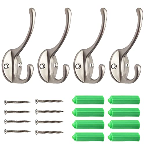 nanaxagly 4 Pack Retro Silver Coat Hooks, with 8 Screws and 8 Plastic Expansion Anchors, for Hanging Coats, Bag, Backpack, Robe, Towel, Hat, Jacket etc.