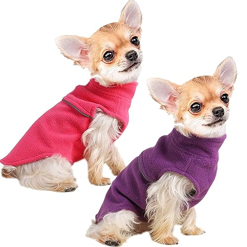 2 Pieces Plaid Dog Sweaters for Small Dogs, Chihuahua Fleece Clothes with Leash Hole, XS Dog Clothes Winter Warm Puppy Sweaters Boys Girls Tiny Dog Outfits Teacup Yorkie (Purple,Rose, Large)