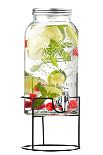 Royalty Art Mason Jar Glass Drink Dispenser for Parties, Holidays, and Events with Wide-Mouth Top and Easy Pour Spigot, Serve Cold Tea, Water, and Lemonade, 1 Gallon (With Stand)