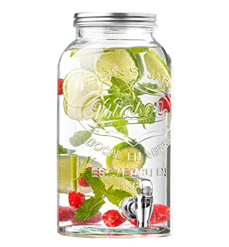 Royalty Art Mason Jar Glass Drink Dispenser for Parties, Holidays, and Events with Wide-Mouth Top and Easy Pour Spigot, Serve Cold Tea, Water, and Lemonade, 1 Gallon (With Stand)