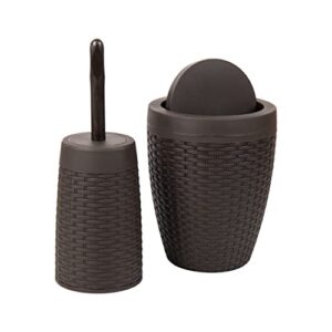 mind reader basket collection, round wastepaper basket and toilet brush set, premium wicker design, 2 piece set, swivel lid bin is 8.75"w x 11.25"h, brush is 15.25"h, 8.75"l x 8.75"w x 11.25"h, brown