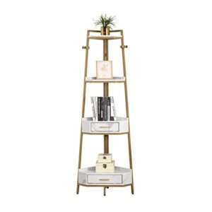 Scoomor Corner Shelf 4 Tier with Drawers, Modern Corner Bookshelf, Free Standing Storage Rack, Plant Stand for Living Room, Home Office, Kitchen, Small Spaces, 72.64’’ Tall (Gold)