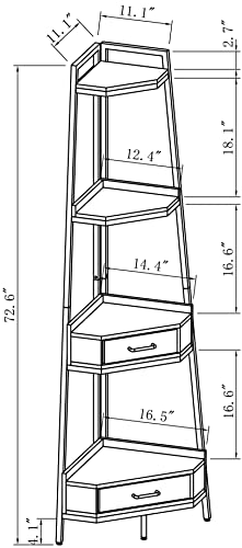 Scoomor Corner Shelf 4 Tier with Drawers, Modern Corner Bookshelf, Free Standing Storage Rack, Plant Stand for Living Room, Home Office, Kitchen, Small Spaces, 72.64’’ Tall (Gold)