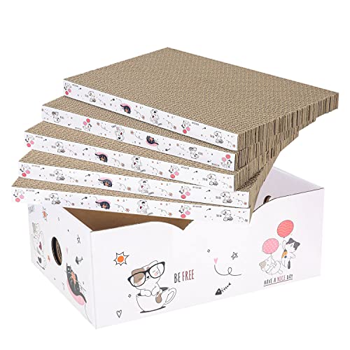 5 Packs in 1 Cat Scratch Pad with Box, Cat Scratcher Cardboard,Reversible,Durable Recyclable Cardboard, Suitable for Cats to Rest, Grind Claws and Play with Scratch Box