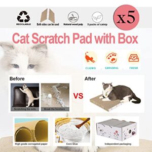 5 Packs in 1 Cat Scratch Pad with Box, Cat Scratcher Cardboard,Reversible,Durable Recyclable Cardboard, Suitable for Cats to Rest, Grind Claws and Play with Scratch Box