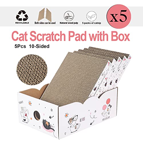 5 Packs in 1 Cat Scratch Pad with Box, Cat Scratcher Cardboard,Reversible,Durable Recyclable Cardboard, Suitable for Cats to Rest, Grind Claws and Play with Scratch Box