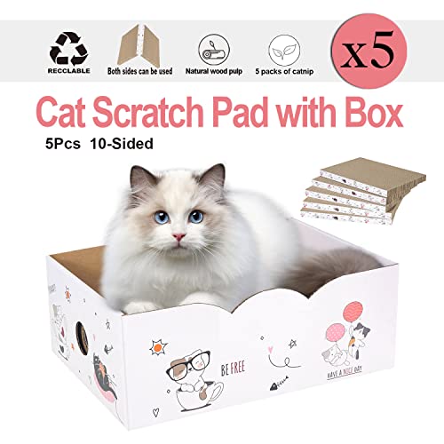 5 Packs in 1 Cat Scratch Pad with Box, Cat Scratcher Cardboard,Reversible,Durable Recyclable Cardboard, Suitable for Cats to Rest, Grind Claws and Play with Scratch Box