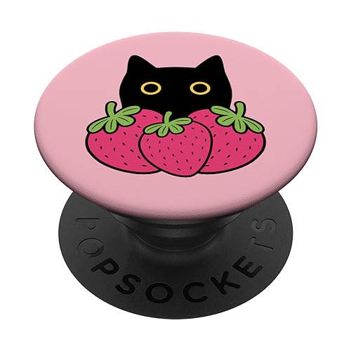 Cute Black Cat Pink Strawberry Kawaii Strawberries PopSockets Standard PopGrip