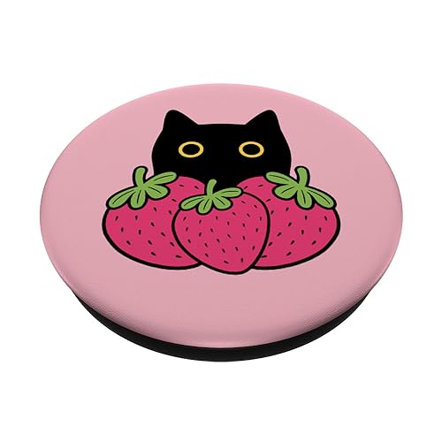 Cute Black Cat Pink Strawberry Kawaii Strawberries PopSockets Standard PopGrip