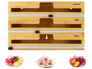 fortbit foil and plastic wrap organizer with cutter - 3in1 natural bamboo wooden plastic, wax, parchment, aluminum foil and plastic wrap dispenser with cutter - 12" kitchen wrap dispenser for drawer