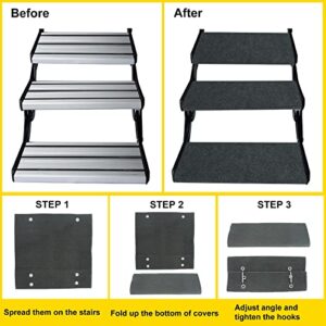 RV Steps Covers Rugs 3 Pack, 18 Inch Wide RV Camper Step Stair Covers, Wrap Around Camper Stair Rugs Radius Carpet with Spring Hooks, Grey