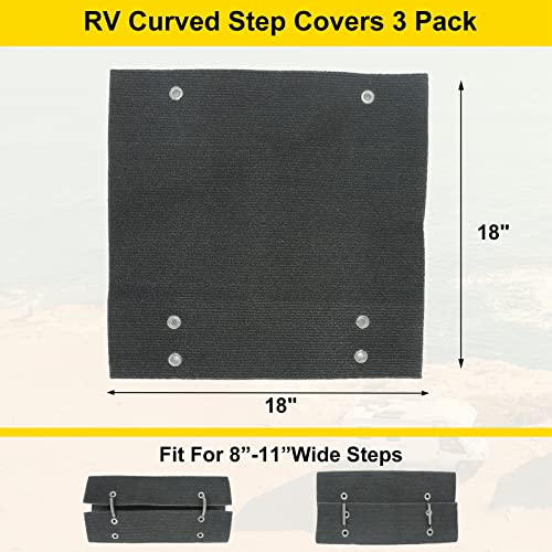 RV Steps Covers Rugs 3 Pack, 18 Inch Wide RV Camper Step Stair Covers, Wrap Around Camper Stair Rugs Radius Carpet with Spring Hooks, Grey