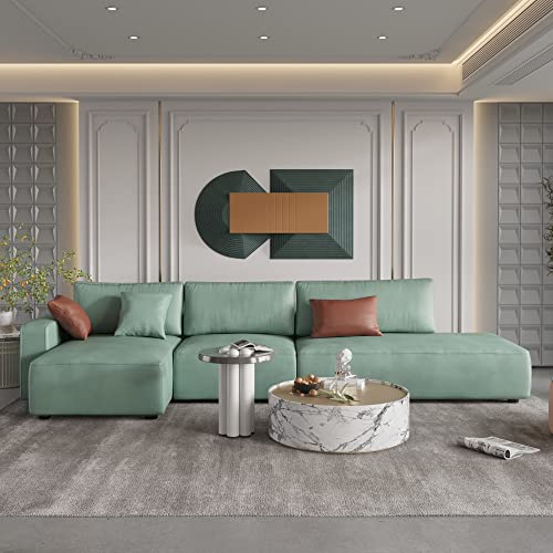 JACH 145" Modular Leathaire Large Sectional Sofa with Chaise, L-Shaped Faux Leather 5 Seater Minimalist Couch, Modern Right Hand Facing Sectional Sofas with 3 Throw Pillows, Green