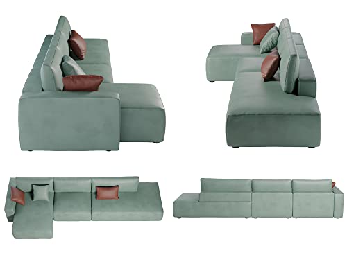 JACH 145" Modular Leathaire Large Sectional Sofa with Chaise, L-Shaped Faux Leather 5 Seater Minimalist Couch, Modern Right Hand Facing Sectional Sofas with 3 Throw Pillows, Green