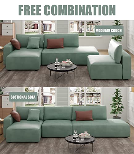 JACH 145" Modular Leathaire Large Sectional Sofa with Chaise, L-Shaped Faux Leather 5 Seater Minimalist Couch, Modern Right Hand Facing Sectional Sofas with 3 Throw Pillows, Green