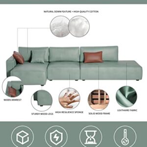 JACH 145" Modular Leathaire Large Sectional Sofa with Chaise, L-Shaped Faux Leather 5 Seater Minimalist Couch, Modern Right Hand Facing Sectional Sofas with 3 Throw Pillows, Green