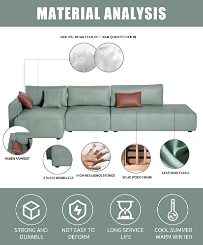 JACH 145" Modular Leathaire Large Sectional Sofa with Chaise, L-Shaped Faux Leather 5 Seater Minimalist Couch, Modern Right Hand Facing Sectional Sofas with 3 Throw Pillows, Green